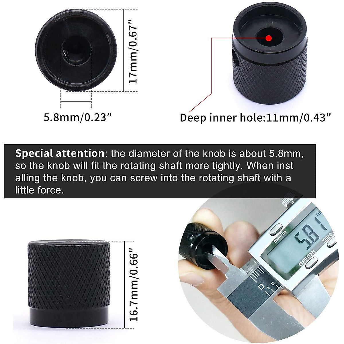 Taiss/ 4pcs black Aluminum Rotary Electronic Control Potentiometer Knob for 6 mm Diameter Shaft, Volume Control Knob, Audio knob, Guitar Knob，Switch Knob, 17mm dia. x 17mm height