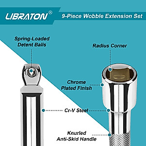 Libraton Wobble Extension Set 1/4'' 3/8'' 1/2'', Wobble Socket Extension, Extension Set, Wobble Socket Extension Set, Drive Socket Extension Bars 9PCs (Cr-V) with Chrome Plated in EVA Storage Tray