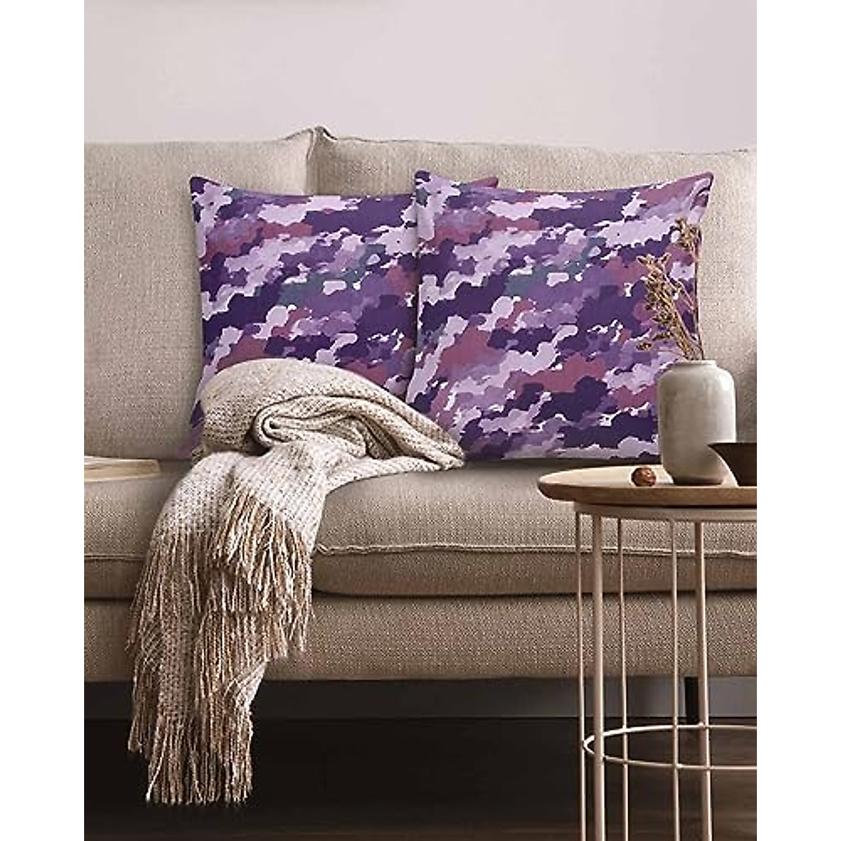 applebless Set of 2 Throw Pillow Covers Square for Home Decor, Camouflage Netting Camo Purple 18x18 Inch Cotton Reversible Pillow Case Sofa Soft Cushion Cases for Bedroom Couch Bed Car Chair