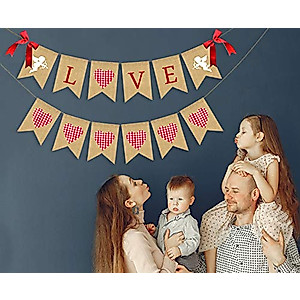 JOZON Love Burlap Banner and Pink Plaid Heart Burlap Banner Valentine's Day Bunting Banner Garland with Cupid Signs and Bows Valentines Day Party Decorations for Wedding Anniversary Mother‘s Day