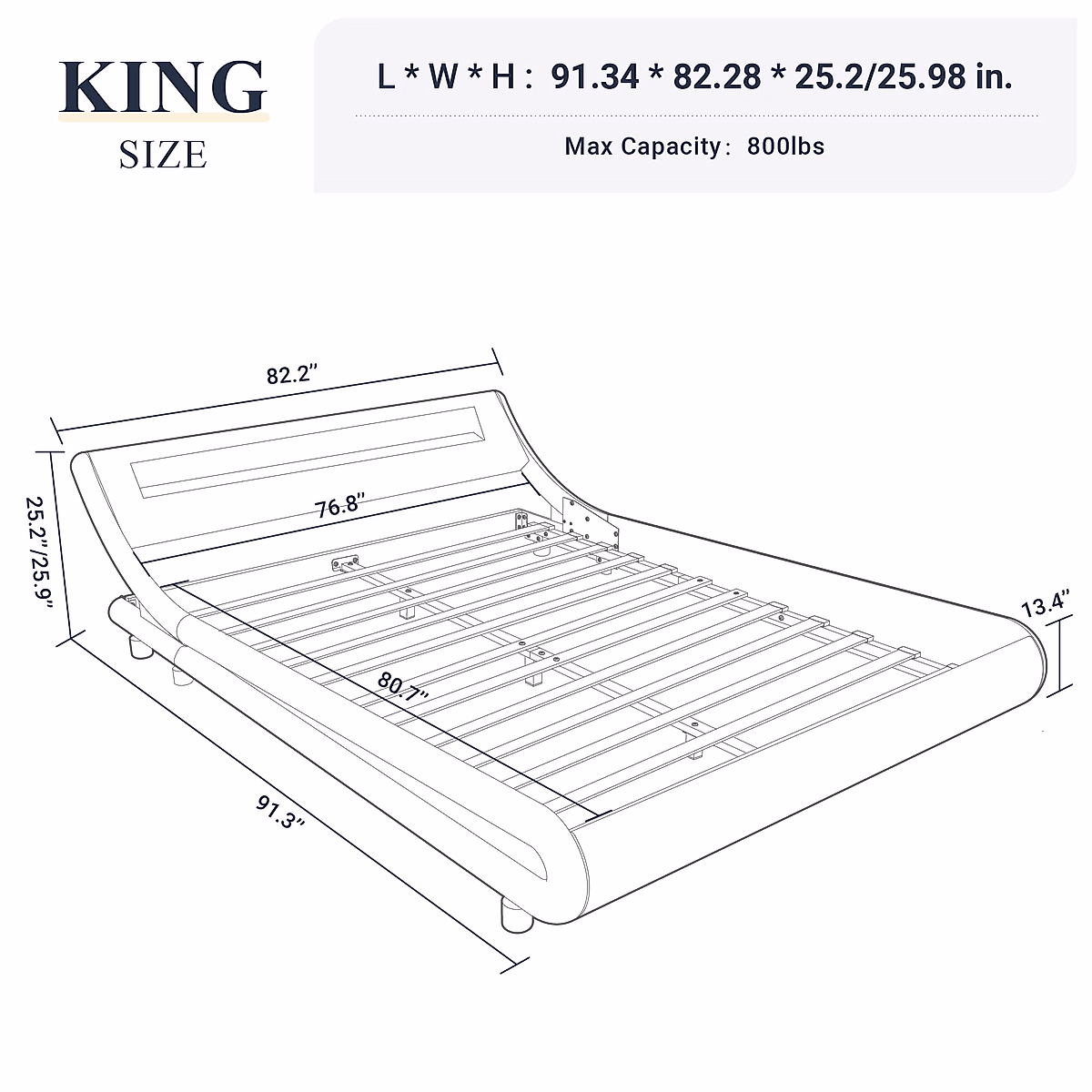Allewie King Size LED Platform Bed Frame with Adjustable Headboard/No Box Spring Need/Easy Assembly/Faux Leather in White and Black