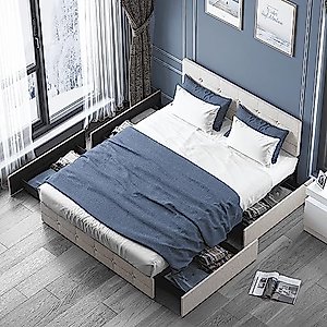 CECER California King Size Bed Frame with 4 Storage Drawers, Linen Platform Bed Frame with Upholstered and Button Tufted Headboard, No Box Spring Needed Bed Frame with Adjutable Headboard-Beige