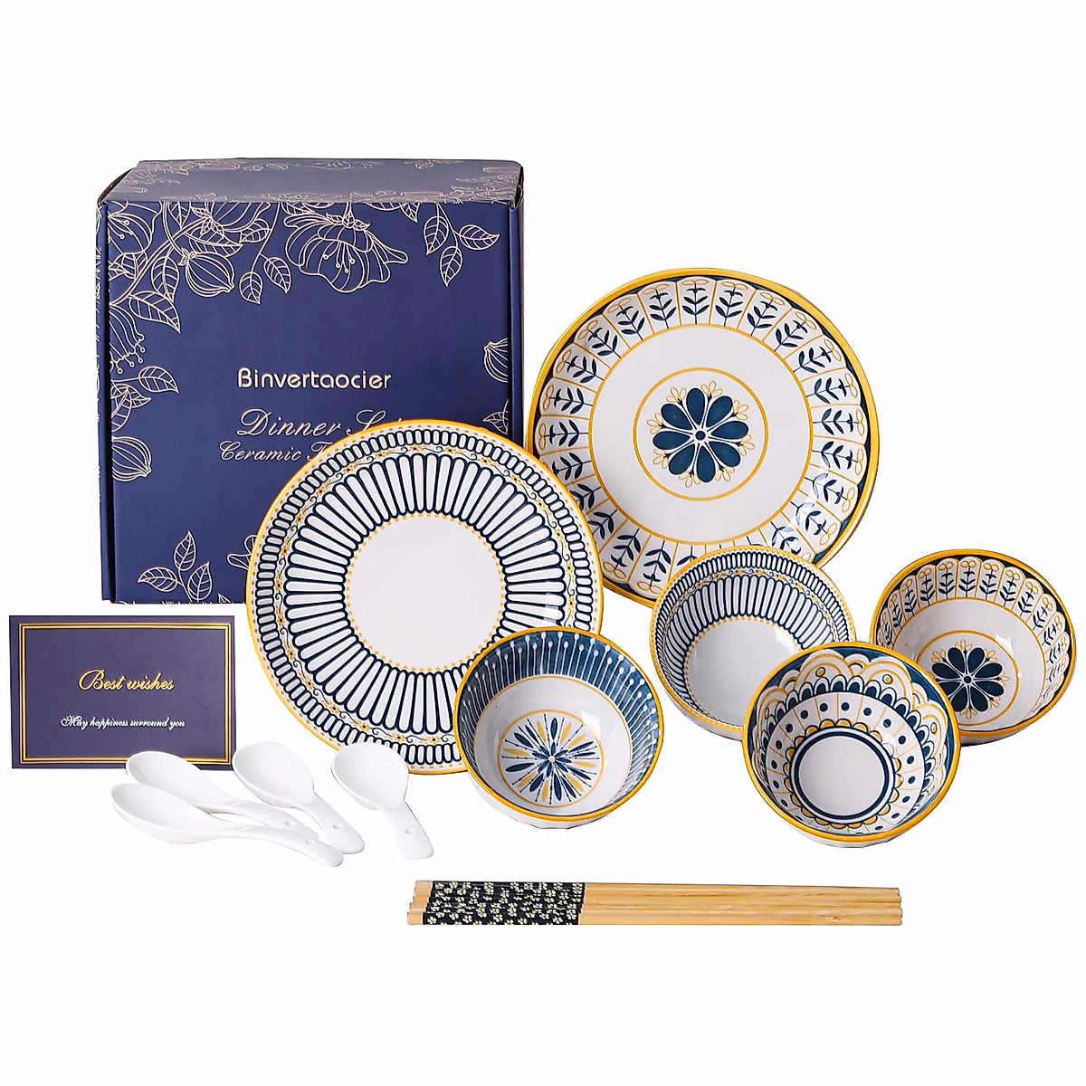 Binvertaocier 14-Piece Porcelain Asian Bowls Set with Spoons Rice Bowls with Chopsticks 10 Oz Bowls,Small Soup Bowls,Asian Plates and Bowls Set, (Modern blue)