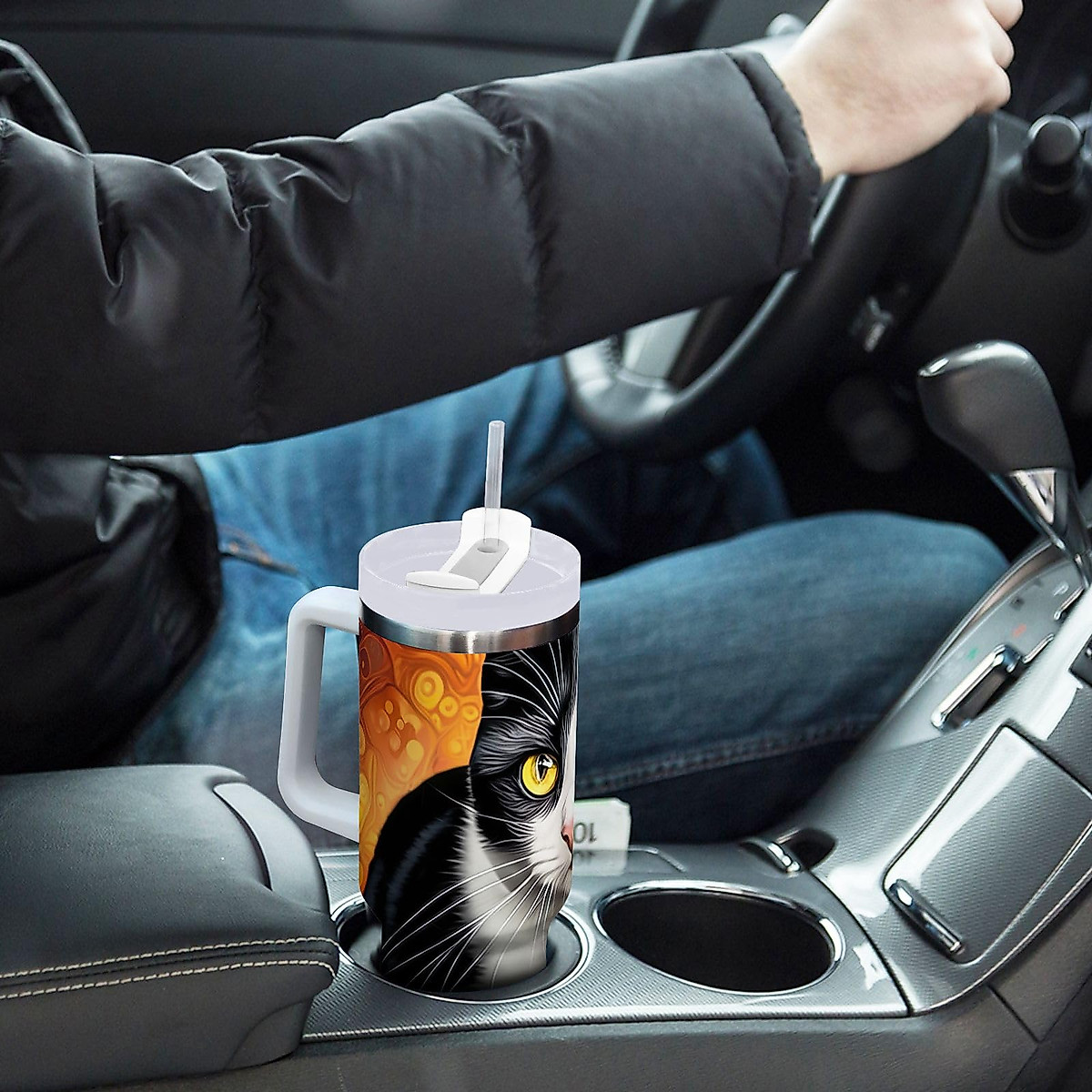 ODAWA 40 Oz Black White Cat Insulated Tumbler Cup with Handle and Straw, Stainless Steel Vacuum Insulated Tumbler