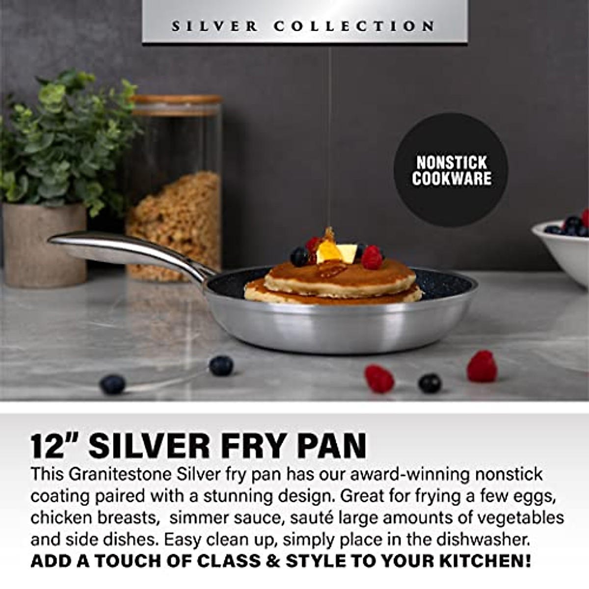 Granitestone Nonstick 12" Fry Pan-Hard Anodized Aluminum-Ultra Durable Coating with Brushed Exterior Silver-100% PFOA Free-Dishwasher & Oven Safe