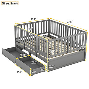 Harper & Bright Designs Kids Full Size Bed with Storage Drawers and Rails Fence, Wood Daybed Frame Montessori Bed for Girls Boys, Can Split into Independent Floor Bed & Daybed, Gray