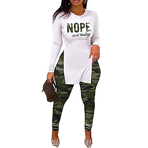MRSYVES 2 Piece Outfits for Women Long Sleeve Side Split Pullover Shirts and Bodycon High Waist Leggings Pants White Green Camouflage L
