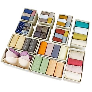 Fordonral Set of 12 Drawer Organizer, Fabric Closet Organizer and Storage Baskets,Foldable Drawer Divider for Clothing,Sock,Ties,Underwear Drawer Organizers,Set of Cabinet Storage Boxes (Beige)