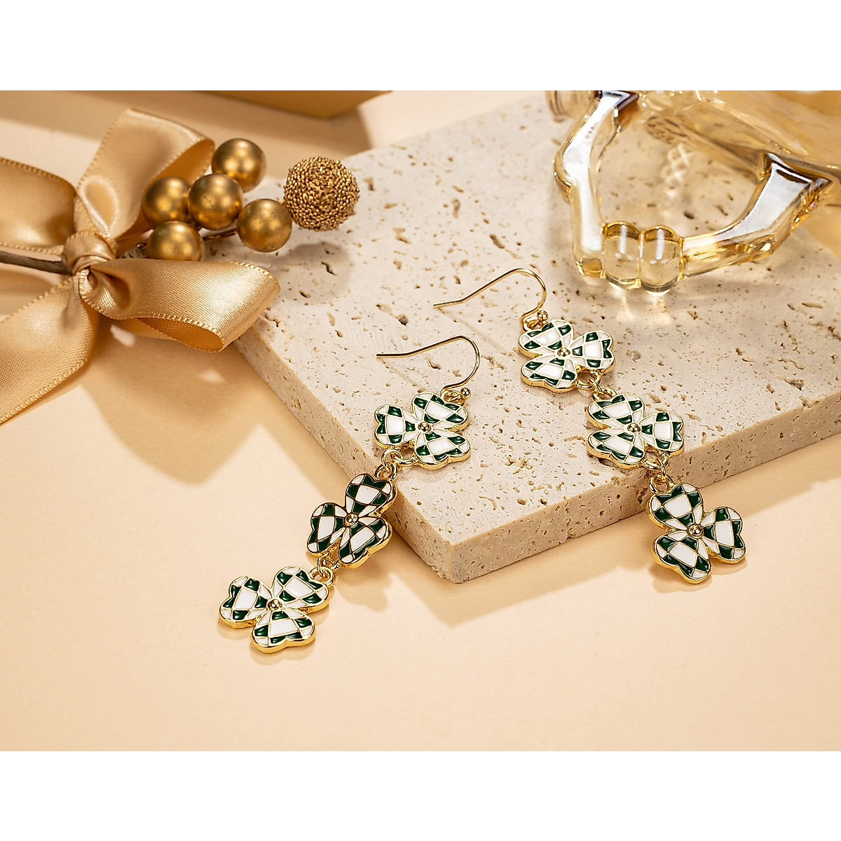 St Patrick's Shamrock Earrings for Women, Unique Green and White Luck Clover Jewelry, Charm Irish Party Gift