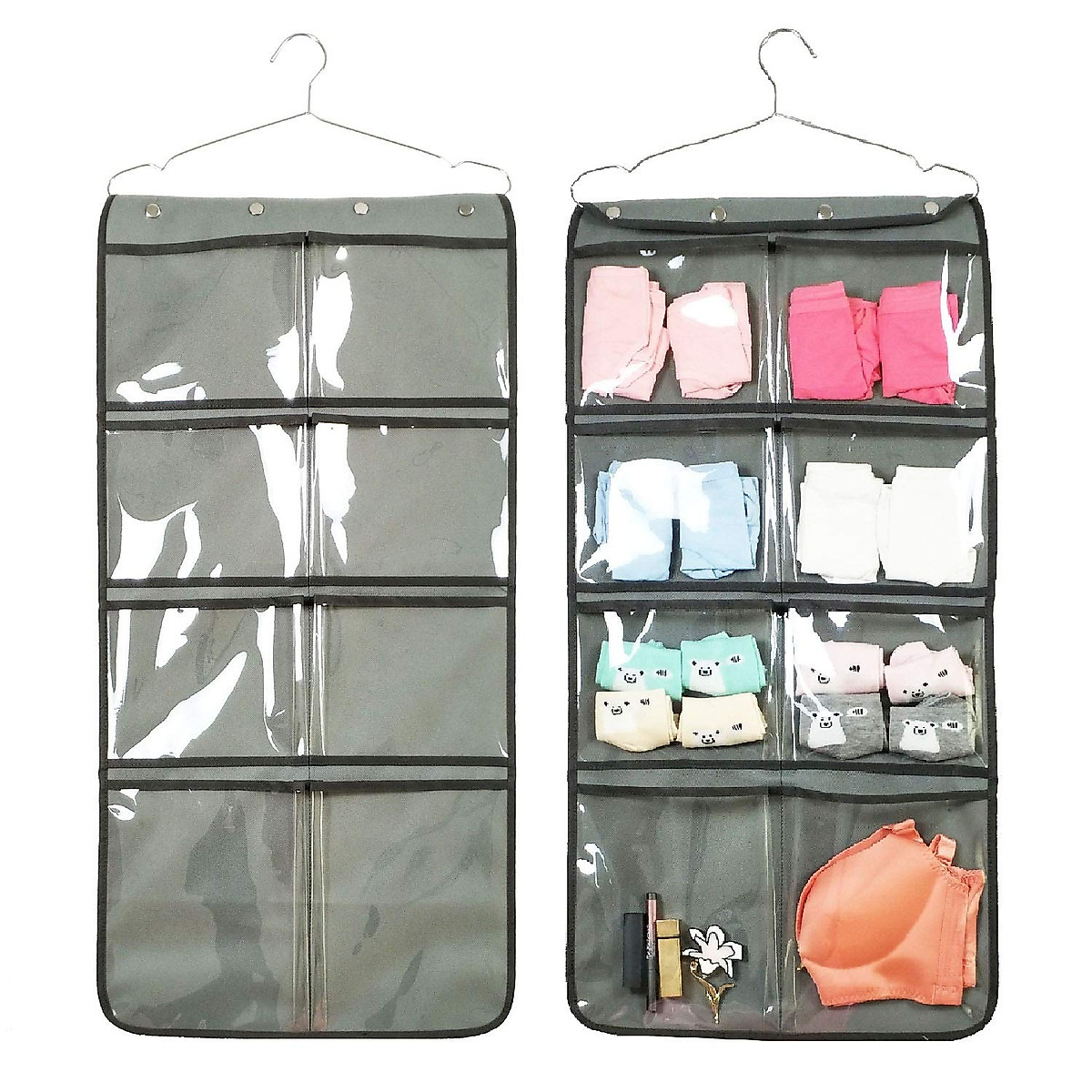 NIMES Durable Hanging Closet Underwear Sock Bra Stocking Organizer Dual-Sided Accessories Storage with 16 Large Clear Pockets (Grey)