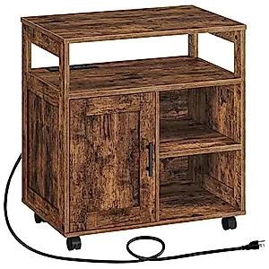 HOOBRO Printer Stand with Charging Station, Rolling Wood Storage Cabinet on Wheels, Printer Cart Table on Wheels for Home Office Rustic Brown FG60UPS01
