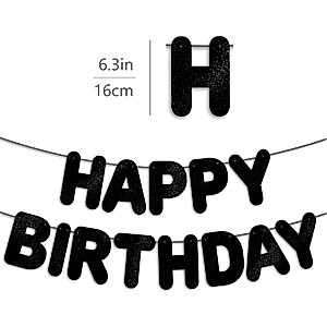 JunyRuny Pre-Strung Happy Birthday Banner Black Glitter Banner, Black Birthday Party Decorations & Decor for Women & Men & Boy & Girl, 30th 40th 50th 60th 70th 80th Happy Birthday Backdrop/Sign Birthday Gift