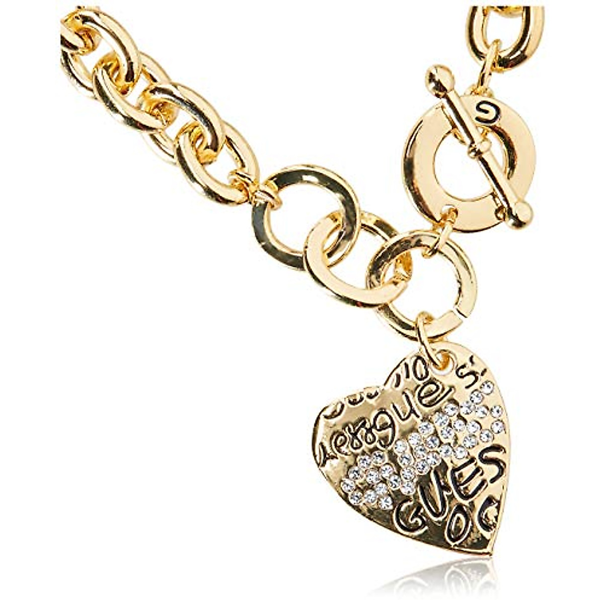 GUESS "Basic" Gold Graffiti Logo Heart Toggle Charm Bracelet