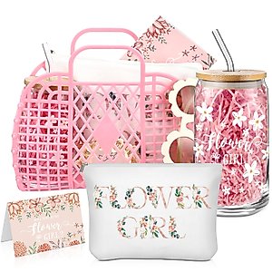 Havawish 8 Pcs Flower Girl Proposal Gifts Set Flower Girl Jelly Bag Will You Be My Flower Girl Card Cup Sunglasses Makeup Bag Pen Bracelet Hair Clip Jelly Purse for Wedding Bridal Shower(Pink)