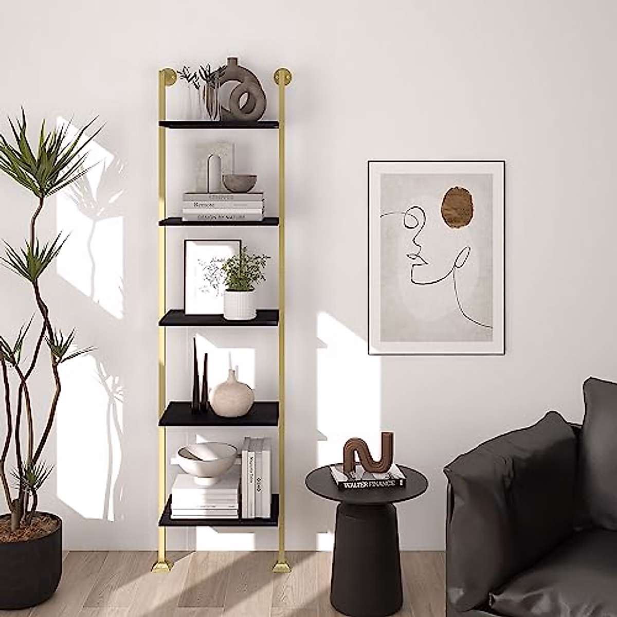 Axeman 5-Tier Ladder Bookcase, Tall Narrow Bookshelf for Small Spaces, Modern Book Storage Organizer Case Open Shelves for Bedroom, Living Room, Office, Library, Gold Metal Frame and Black Shelf