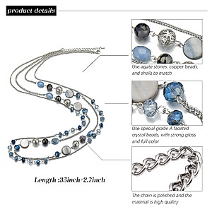 Noessla Layered Long Necklaces for Women Crystal Beaded Statement Necklace Sweater Silver Chain with Gifts Box Jewelry(Blue)
