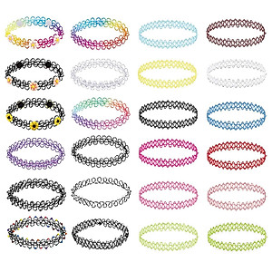 BodyJ4You 24PC Tattoo Choker Necklace Set - 90s Accessories Old School 2000s Jewelry - Yellow Daisy Pink Purple Flower Charm - One Size Women Teen Girl - Stretchy Multicolor Collar