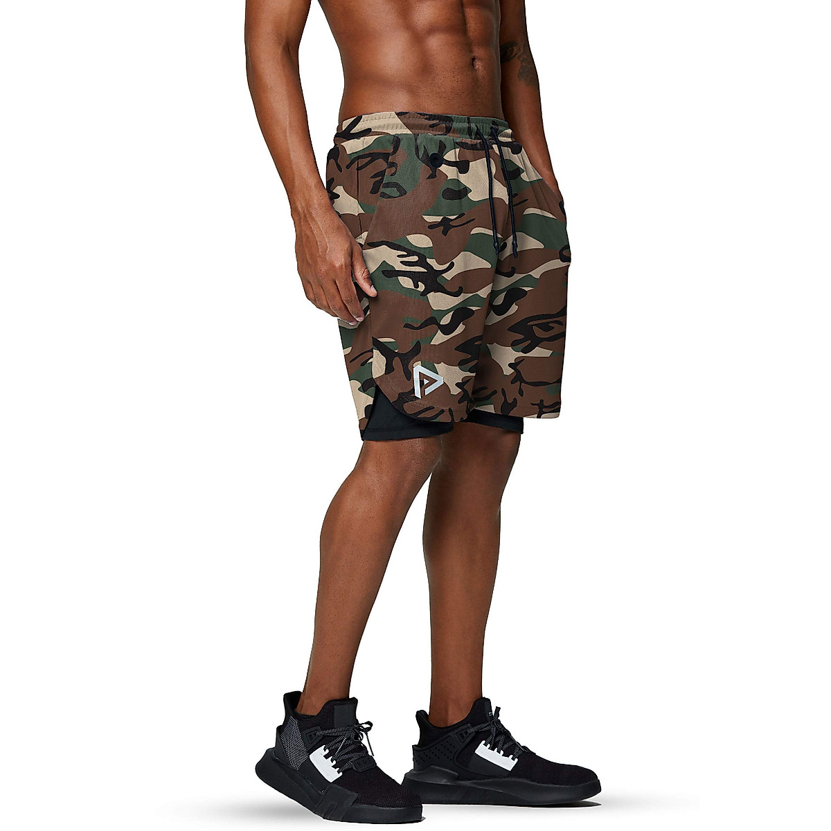 Pinkbomb Men's 2 in 1 Running Shorts Gym Workout Quick Dry Mens Shorts with Phone Pocket (Green Camo, XX-Large)