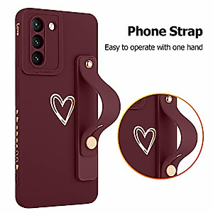 Fiyart Galaxy S21 5G Case - Wine Red, Love Hearts Pattern, Slim Protective Cover with Stand & Wrist Strap