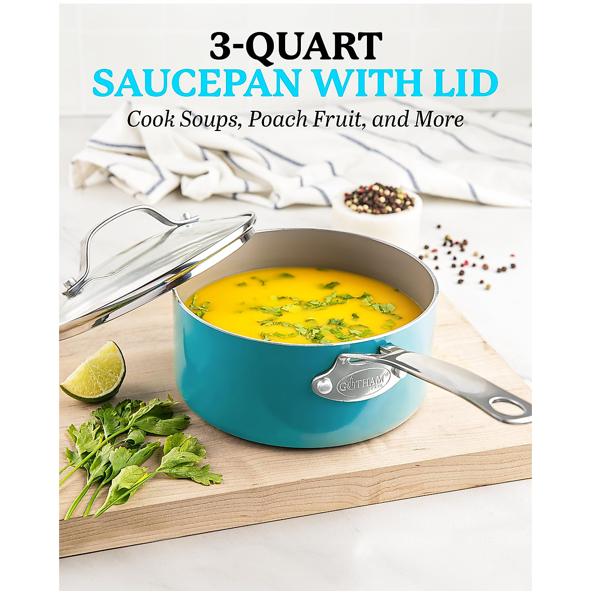 Gotham Steel Aqua Blue 3 Quart Saucepan with Lid, Ultra Nonstick Sauce Pan with Lid, Small Pot with Lid, Ceramic Nonstick Saucepan 3 Quart, Small Sauce Pot, 3 Qt Pot, Oven & Dishwasher Safe, PFOA Free