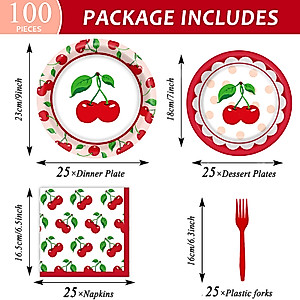 OBUSATT 100 Pcs Cherry Fruit Party Supplies Tableware Set Summer Tropical Picnics Dinnerware Set Disposable Paper Plates Napkins for Baby Shower Birthday Party Decoration for 25 Guests