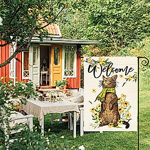 AVOIN colorlife Spring Summer Flower Cat Garden Flag 12x18 Inch Double Sided Outside, Yellow Daisy Sunflower Welcome Yard Outdoor Flag