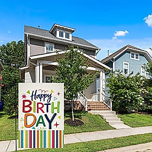 BUYITO Happy Birthday Garden Flag 12x18 Inch Double Sided Burlap Birthday Small Yard Flags , House Party Yard Signs Outdoor Lawn Decorations Birthday Party Celebration Banner