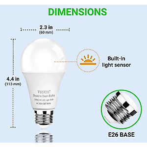 TSEXES Dusk to Dawn Light Bulbs Outdoor,Automatic On/Off Sensor LED Light Bulb,5000K Daylight LED Light Bulb for Wall lamp Porch Garage Light,4 Pack