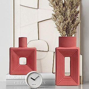 Ceramic Vase Set of 2，Square Vase Rustic Home Decor Minimalist Nordic Boho Style for Living Room, Shelf, Table, Bookshelf, Mantel and Entryway Decor Vases