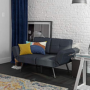 REALROOMS Euro Upholstered Tufted Loveseat Futon with Storage Pockets, Blue Linen