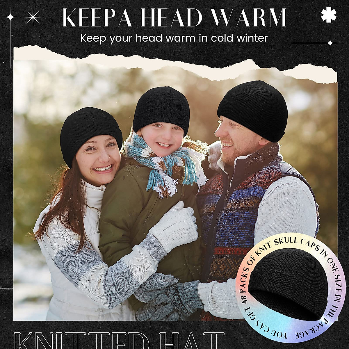 Tarpop 48 Pcs Winter Beanies Bulk Unisex Warm Skull Cap Elastic Knitted Beanie Hats for Men Women Gifts (Black)