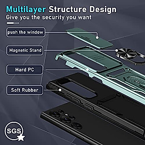 CASEJEEN for Samsung Galaxy S23 Ultra Case,Heavy Duty Shockproof Full Body Protective Phone Cover,Built in Slide Camera Lens Cover+Finger Ring Stable Kickstand,Dark Green