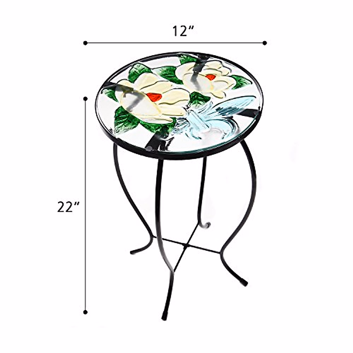 CEDAR HOME Side Table Outdoor Garden Patio Metal Accent Desk with Round Hand Painted Glass, Yellow