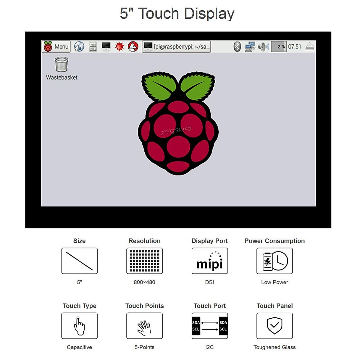 for Raspberry Pi 5inch LCD Capacitive Touch Display Screen 800×480 5inch LCD DSI Interface for Raspberry Pi 4 3 2 Model B B+ A+ Raspbian Retropie Ubuntu Kali WIN10 IoT Driver Free @XYGStudy