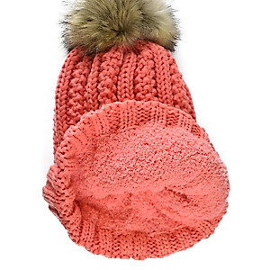 C.C Thick Cable Knit Faux Fuzzy Fur Pom Fleece Lined Skull Cap Cuff Beanie, Coral