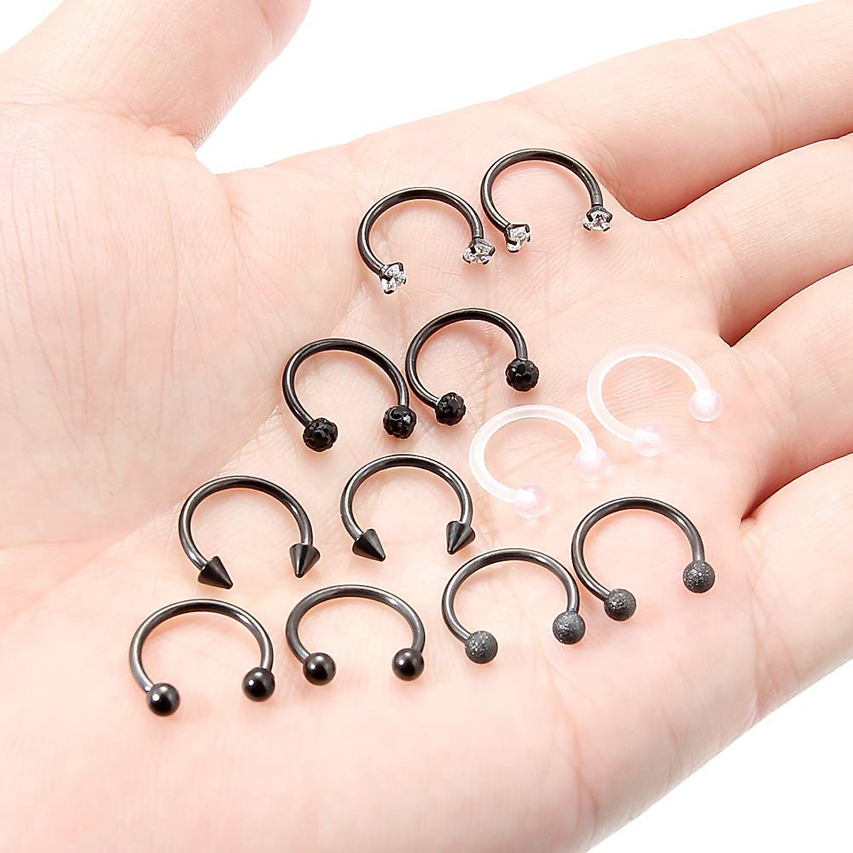 SCERRING 6 Pairs 16G 10mm Stainless Steel Nose Horseshoe Hoop Rings Eyebrow Lip Ear Tragus Cartilage Daith Septum Retainer Body Piercing Jewelry Clear CZ Black