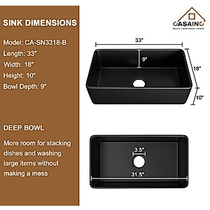 CASAINC 33-inch Kitchen Sink Black, Farmhouse Sink Fireclay Apron -Front Farmhouse Deep Single Bowl, Farmhouse Sink with Stainless Steel Bottom Grid and Kitchen Sink Drain