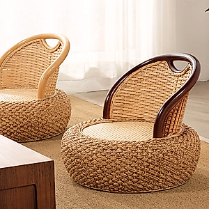 Kelendle Round Rattan Floor Chair with Ergonomic Backrest - Lazy Chair Tatami Seat Meditation Futon for Home and Office Decoration (Light Brown)