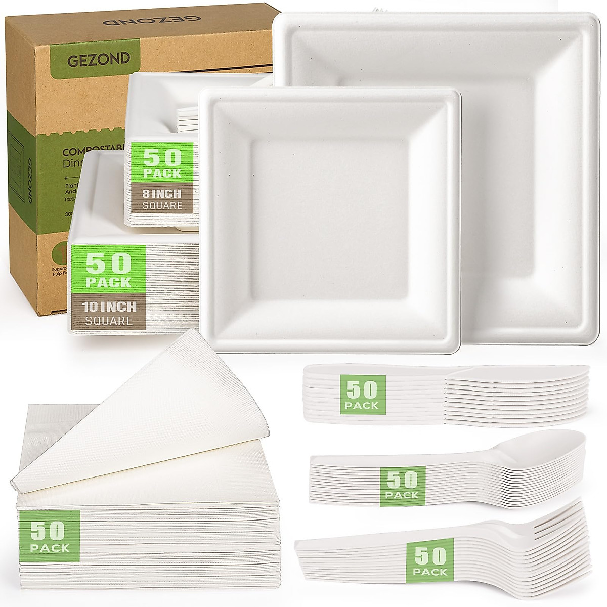 Gezond Compostable Paper Plates Set 300pcs Disposable Sugarcane Plates 10 Inch Eco-friendly White Square Plates with Napkins Biodegradable Heavy-duty Utensils for Party