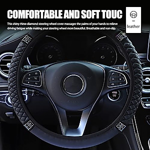 Crynod 1 PC Bling Car Steering Wheel Cover, Rhinestone-Encrusted Leather Elastic Protective Cover Without Inner Ring, Universal Automotive Decorative Accessory, Suitable for Most Models (Black)