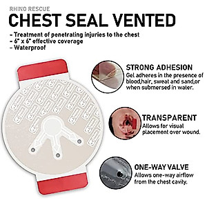 RHINO RESCUE Vent Chest Seal, Emergency Trauma Dressing, First Aid Kit Sterile, Wound Care IFAK Supplies, 2 Count