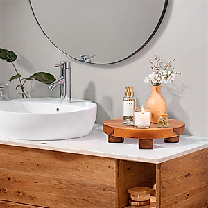 Demigo Round Wood Riser Board 9.5 inches, Natural Acacia Wood, Farmhouse Plant Holder, Multi-Purpose Display Stand, Wooden Pedestal for Soap, Plants, Candles, Countertop, Kitchen, Bathroom