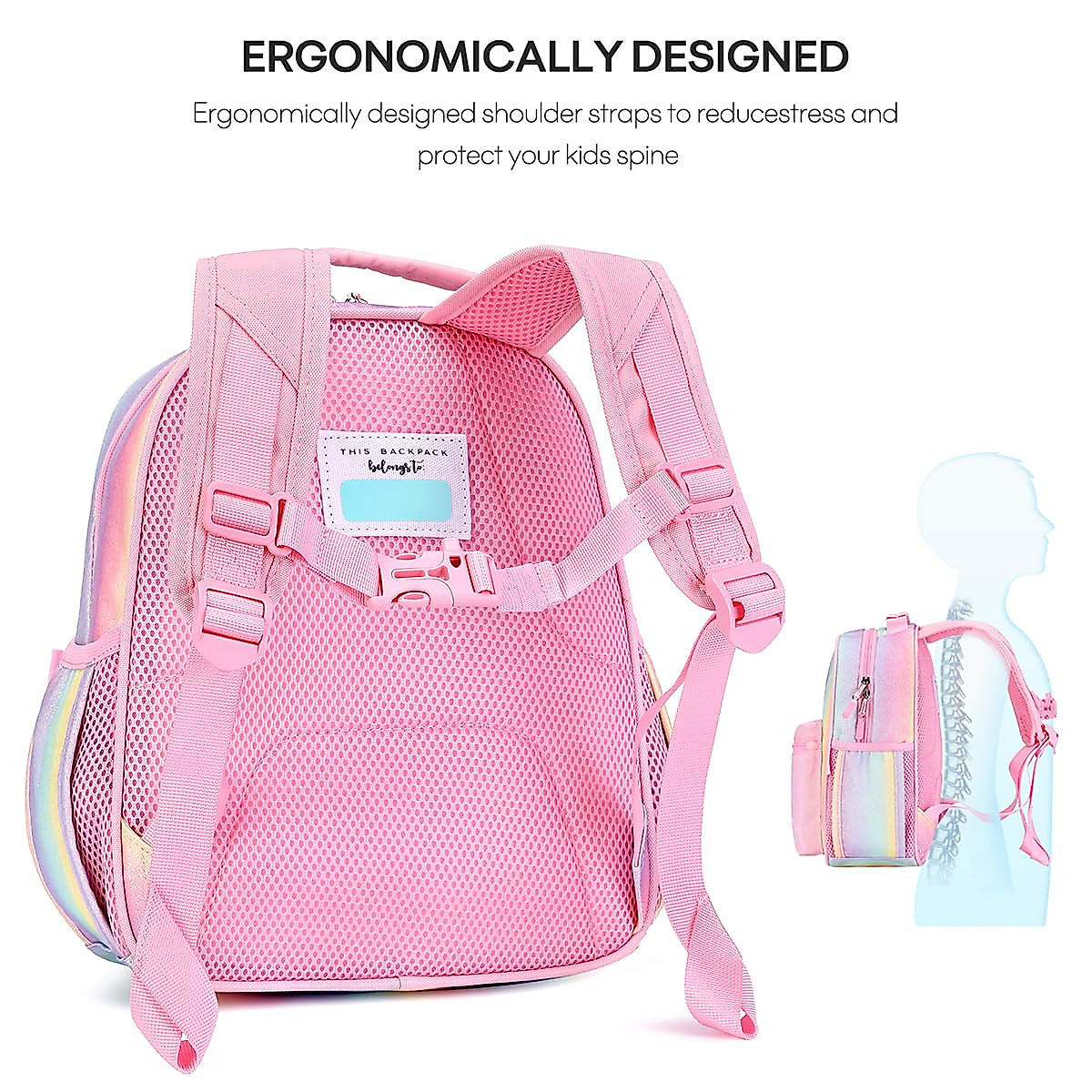 mibasies Toddler Backpack for Girls 2-4, Kindergarten Backpack for Girls, Rainbow Backpack for Preschool Daycare, Mini, Pink Blue Rainbow