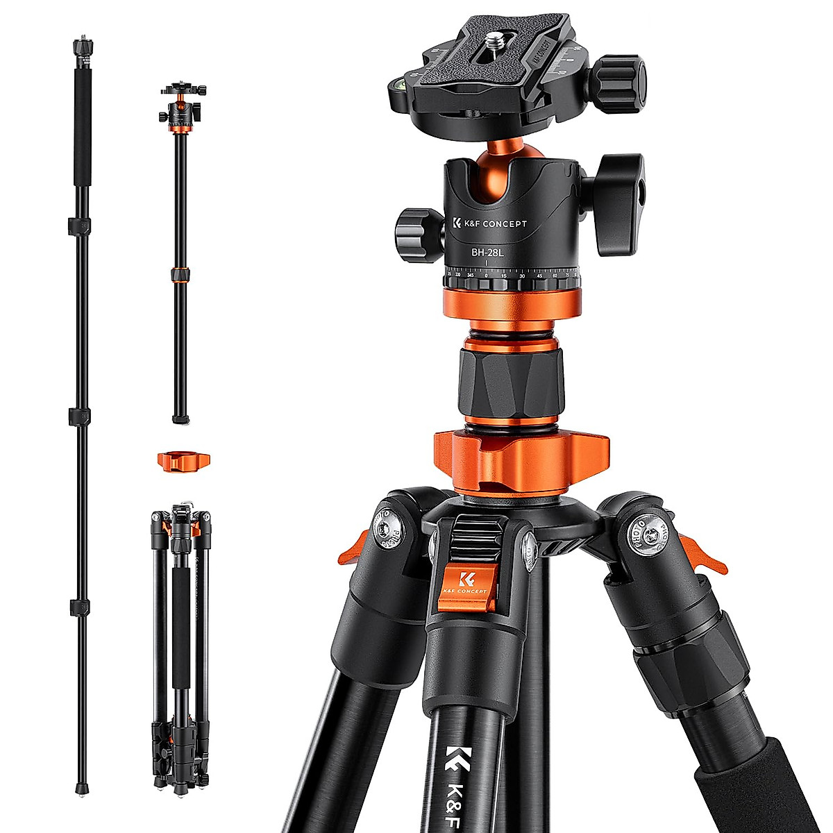 K&F Concept 62 inch DSLR Camera Tripod,Lightweight and Compact Aluminum Detachable Monopod Tripod with 360 Panorama Ball Head Quick Release Plate for Travel and Work K254A1+BH-28L (SA254M1)