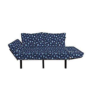 Lunarable Night Sky Futon Couch, Hand Drawn Houses and Yellow Stars Bedtime Sleepy Image, Daybed with Metal Frame Upholstered Sofa for Living Dorm, Loveseat, Indigo Pale Azure Blue