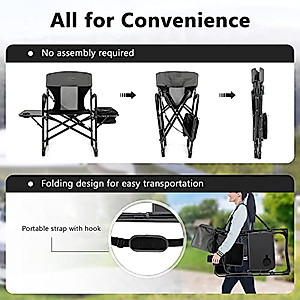 COSTWAY Folding Camping Chair, Heavy-Duty Director Chair Supports 400lbs for Adults with Side Table, Cooler Bag, Storage, Strap, Portable Makeup Chair Suitable for Fishing Picnic, Black