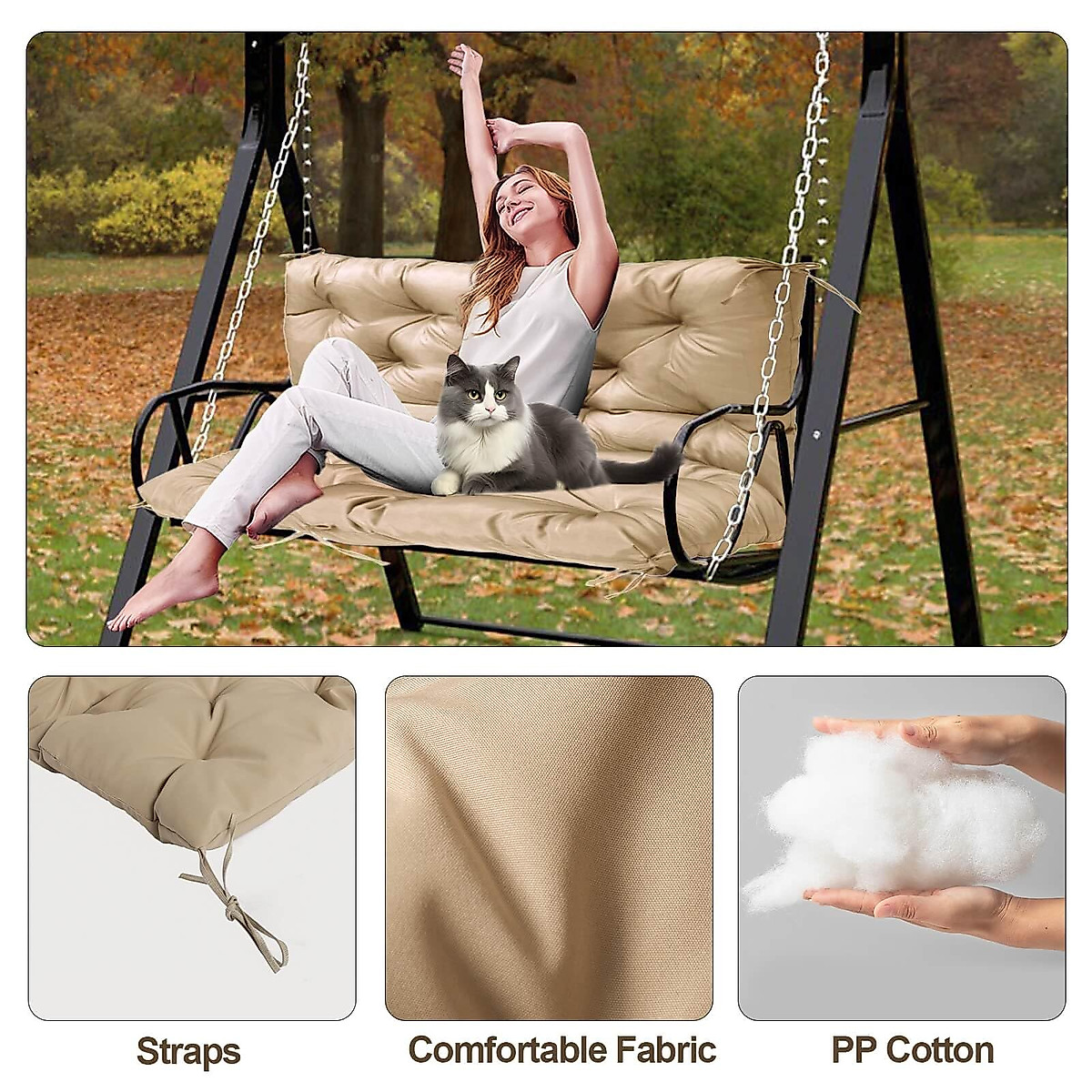 HTRCIH Porch Swing Cushions for Outdoor Furniture, Waterproof Outdoor Swing Cushions 3 Seater, 4" Thick Outdoor Swing Seat Cushion with Ties for Porch, Patio, Outdoor, Backyard and Garden