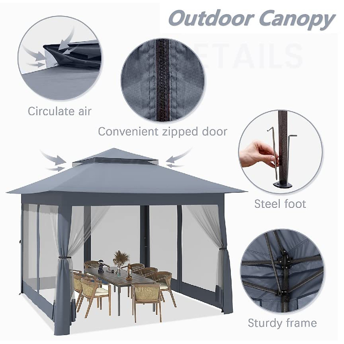 Gazebo, CBBPET 11'x 11' Pop Up Gazebo with Mosquito Netting, Outdoor Canopy with Double Roof Tops and 121 Square Feet of Shade for Patio, Group Gatherings, Camping Shelter (Gray)