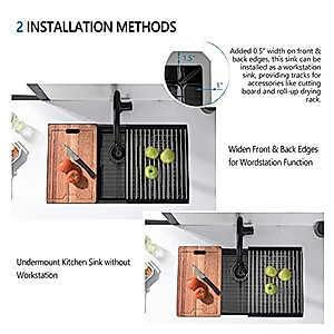 33 Black Undermount Kitchen Sink, 33x19x10 Inch 16 Gauge Black Stainless Steel Single Bowl Workstation Kitchen Sinks With Accessories BL34