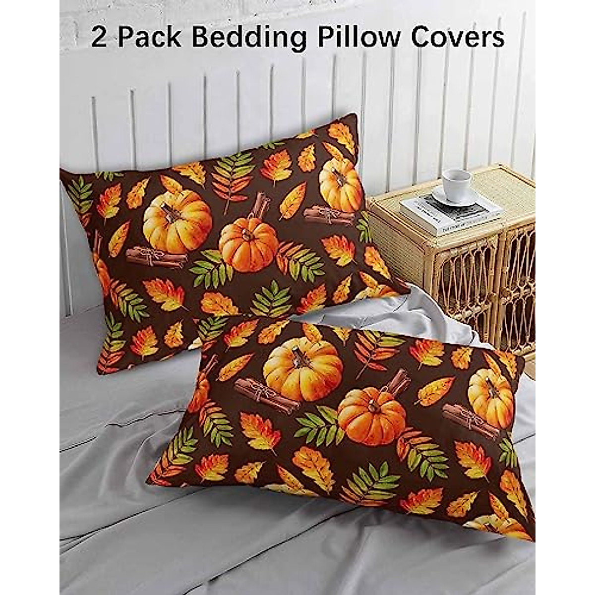 Edwiinsa Fall Pumpkin Pillow Covers Standard Size Set of 2 Bed Pillow, Brown Autumn Maple Leaves Farmhouse Plush Soft Comfort for Hair/Skin Cooling Pillowcases with Envelop Closure 20''x26''